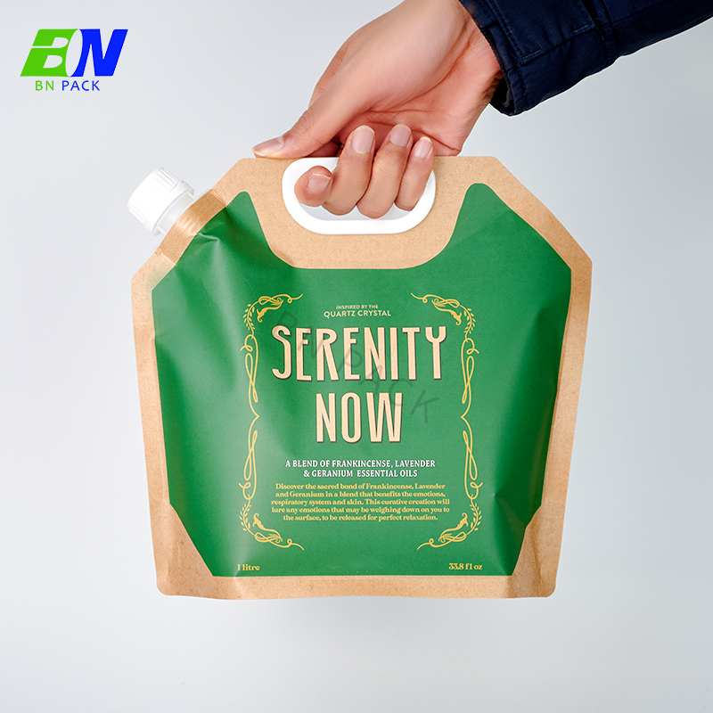 Customized 1L 2L 3L Kraft Paper Spout Pouch With Handle For Liquid ...